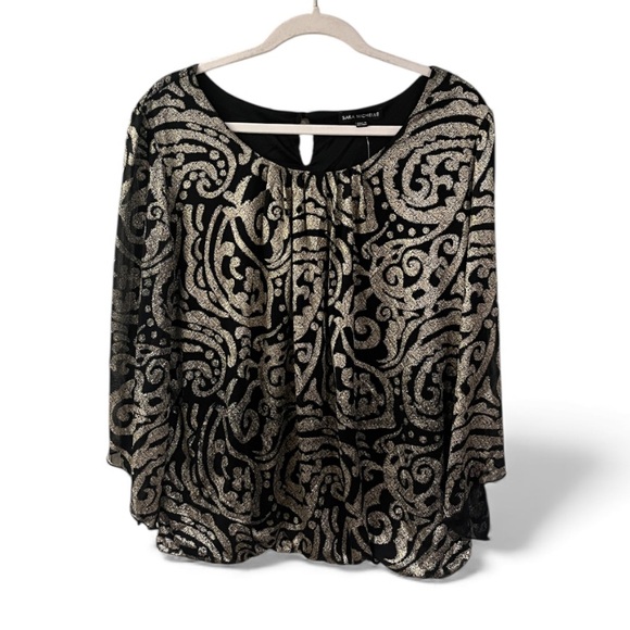 Sara Michelle | Tops | Sara Michelle Gold Metallic Print Black Blouse ...